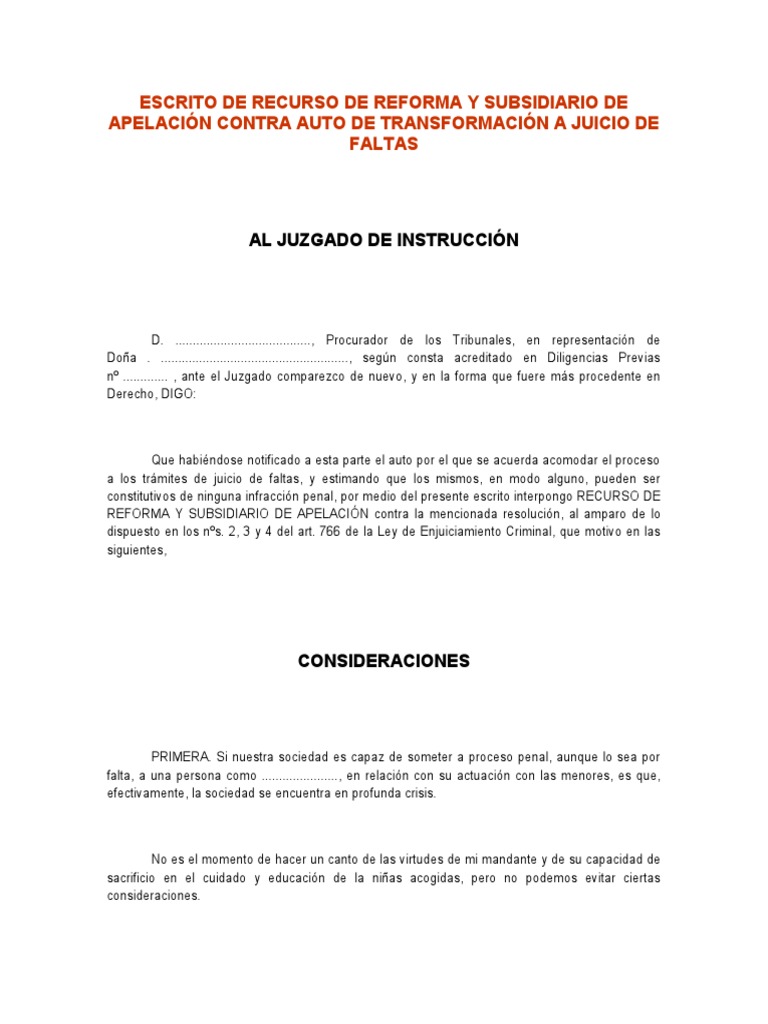Escrito de Recurso de Reforma Y Subsidiario de Apelación Contra Auto de Transformación A Juicio ...
