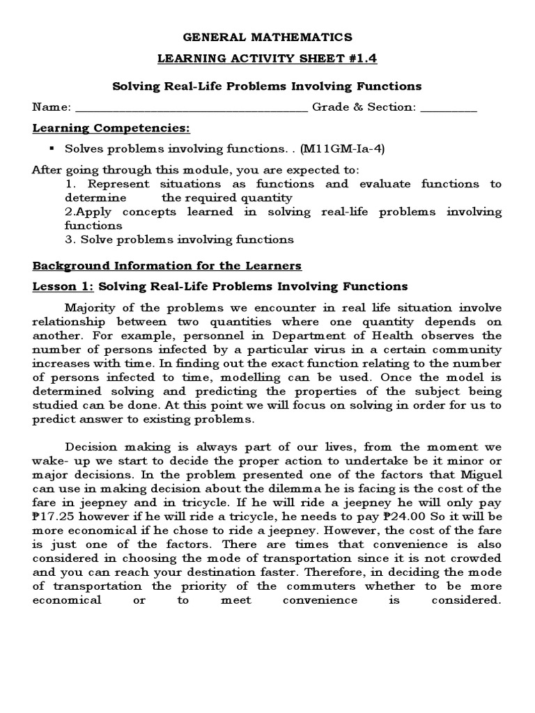 General Mathematics Learning Activity Sheet #1.4 Solving Real-Life Problems Involving Functions ...