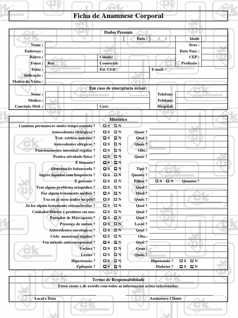 Ficha de Anamnese Corporal CK | PDF | Medicina Clínica | Especialidades ...