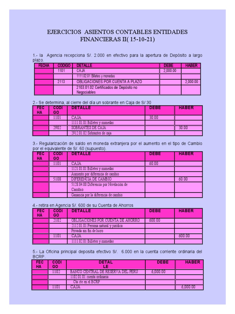 Ejercicios Asientos Contables Entidades Financieras II 15-10-2021 | PDF | Bancos | Cheque