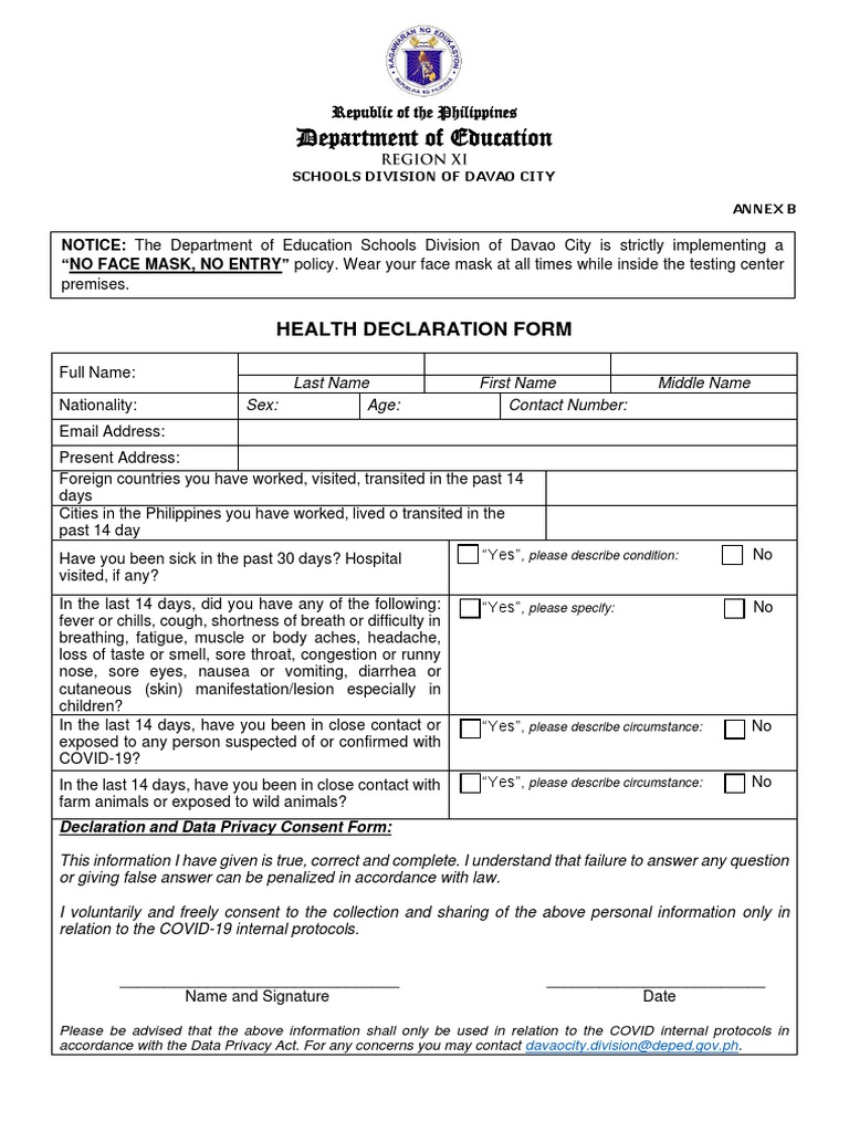 Department of Education: Health Declaration Form | Download Free PDF ...