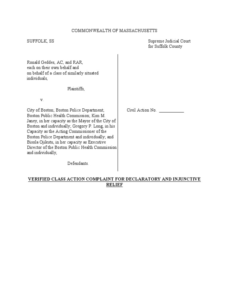 Verified Class Action Complaint For Declaratory and Injunctive Relief | PDF | Damages | Homelessness