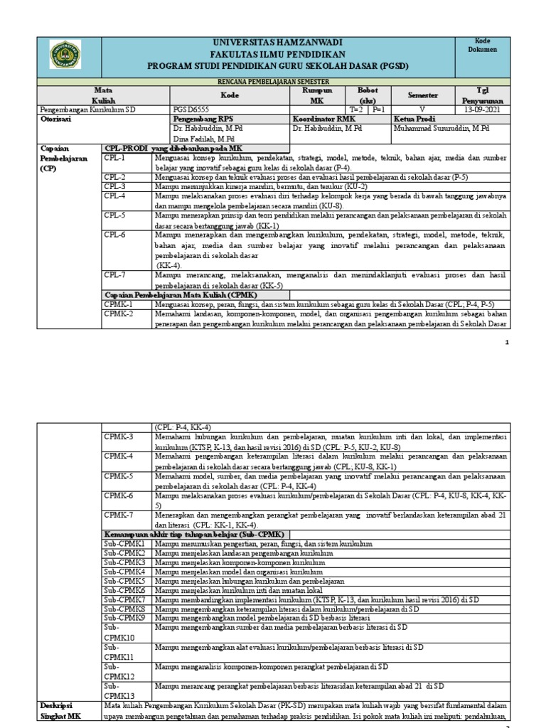 RPS - MBKM - Pengembangan Kurikulum SD | PDF