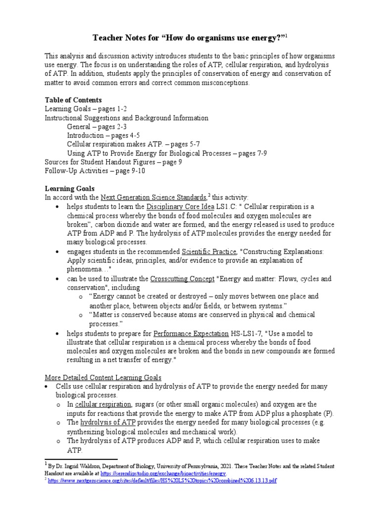 Understanding How Organisms Use Energy: Teacher Notes for Guiding ...
