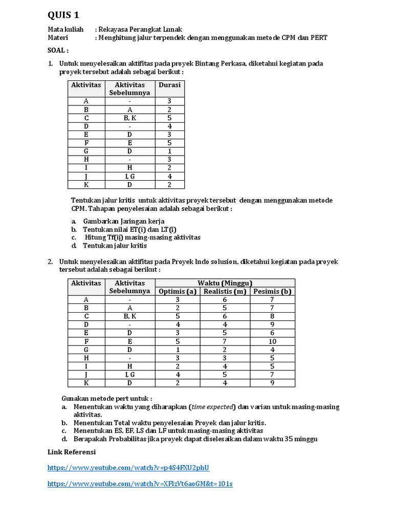 Quis 1 CPM & Pert | PDF