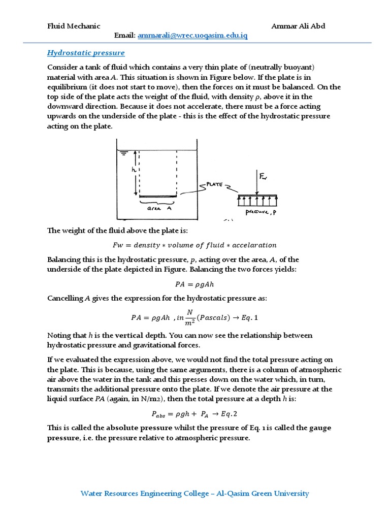 Fluid Mechnics, Lecture 2 | PDF | Pressure | Pressure Measurement