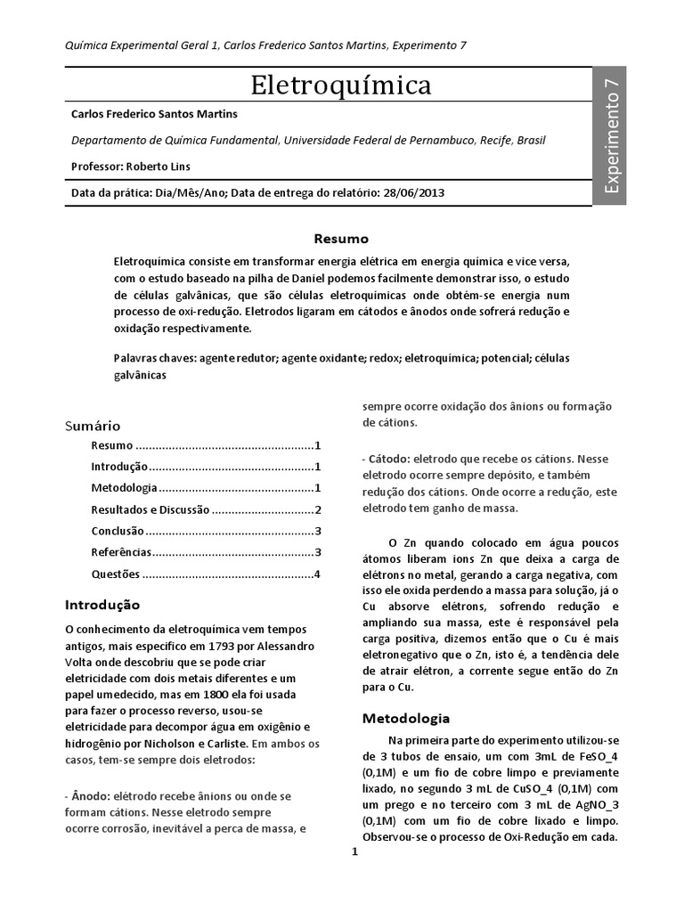 Experimento 7 PDF | PDF | Eletroquímica | Química