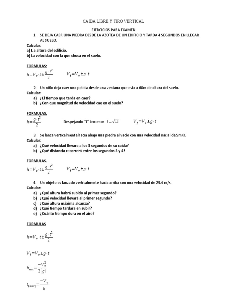 Ejercicios de Caida Libre y Tiro Vertical | PDF