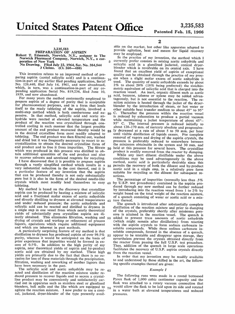 US3235583 | PDF | Distillation | Aspirin