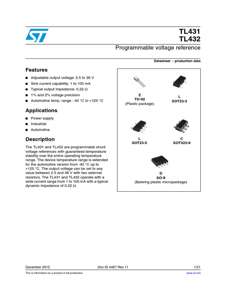 TL431 TL432: Programmable Voltage Reference | PDF | Electrical Components | Computer Engineering