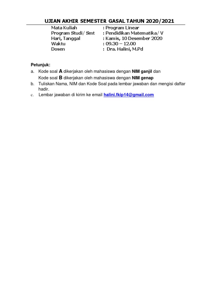 Soal Ujian Akhir Semester MK. Program Linear | PDF