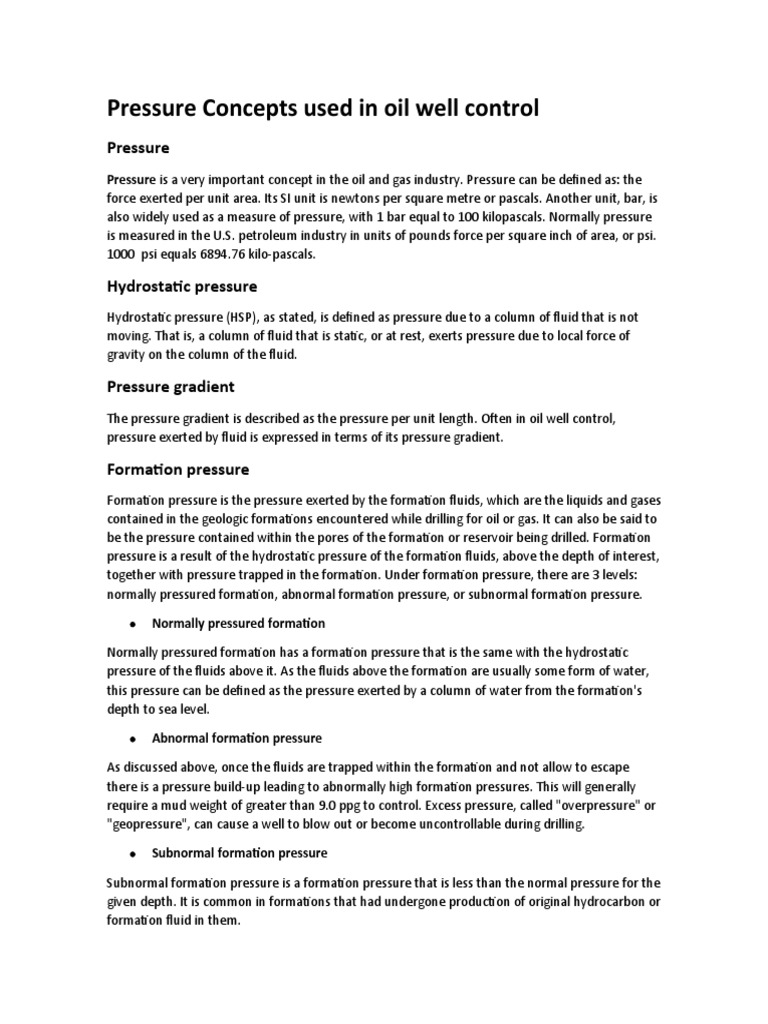 Pressure Concepts Used in Oil Well Control | PDF | Pressure | Continuum ...