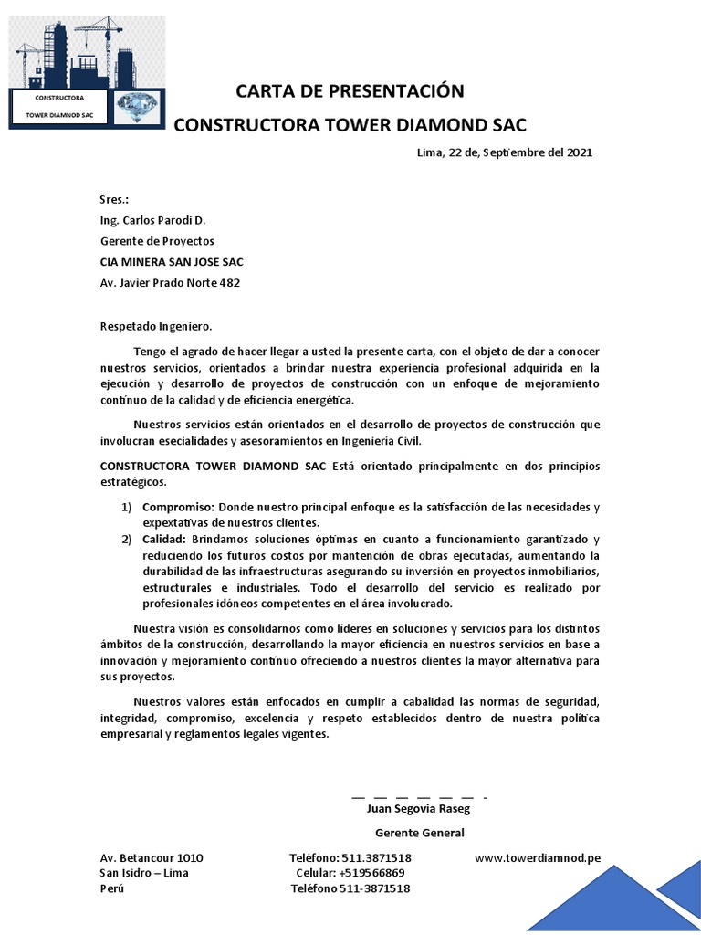 Carta de Presentación Constructora Tower Diamond Sac | PDF | Ingeniería | Economias