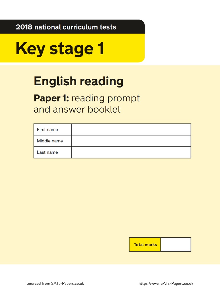 ks1 English 2018 Reading Paper 1 Reading Answer Booklet | PDF