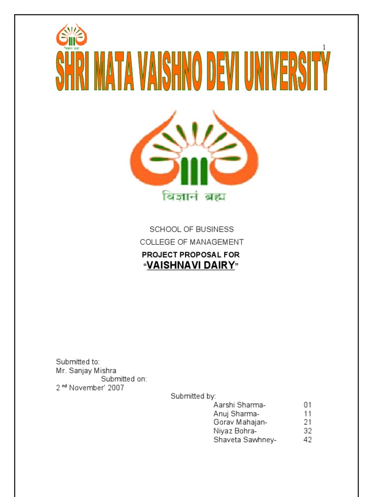 Vaishnavi Dairy Project Proposal | PDF | Agriculture | Milk