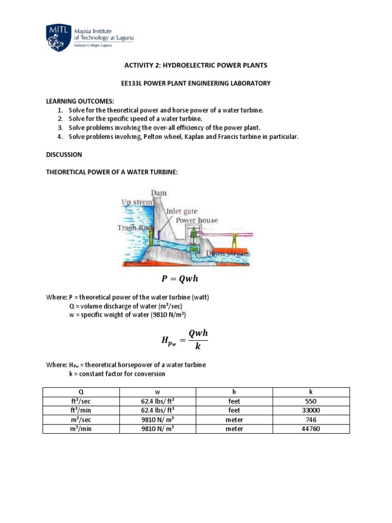 Activity 2: Hydroelectric Power Plants: Ee133L Power Plant Engineering ...