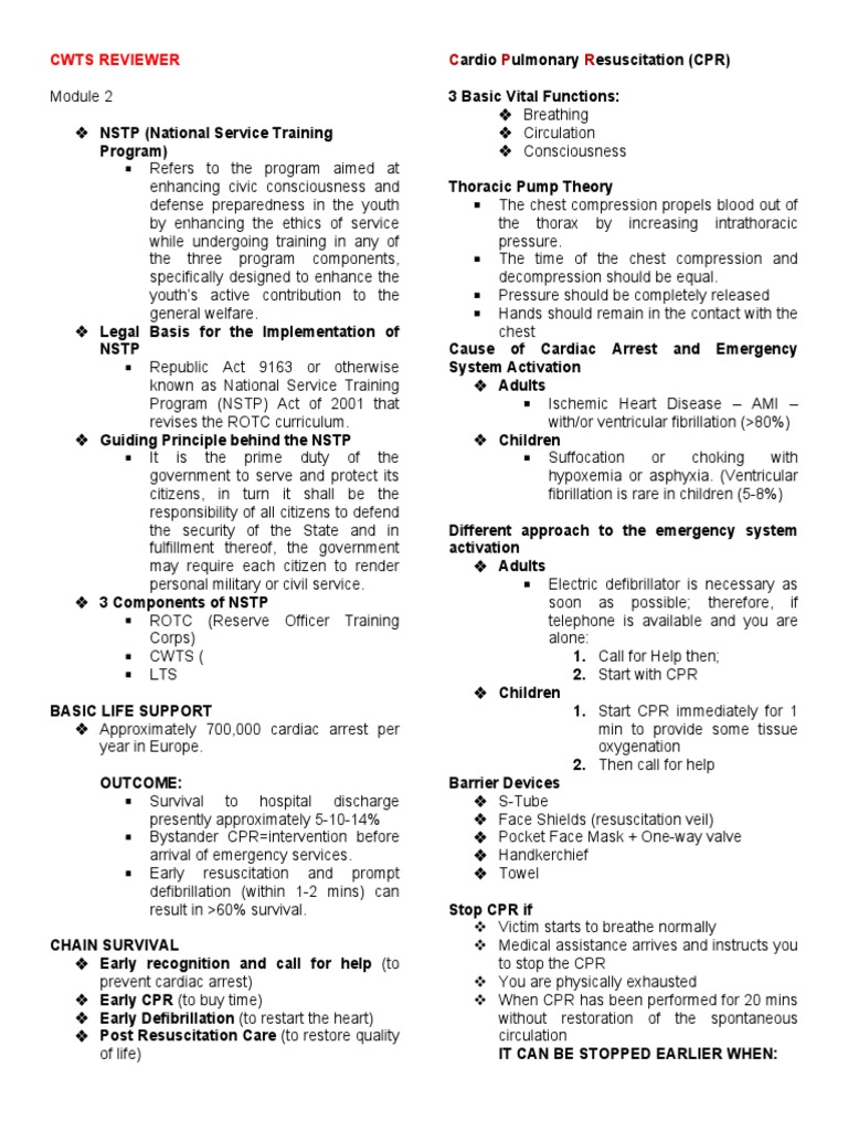 CWTS Reviewer | PDF | Cardiopulmonary Resuscitation | Medical Specialties