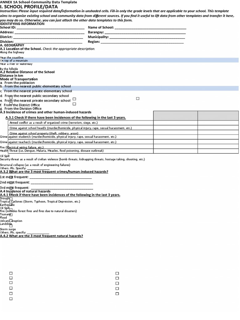 SIP Annex 1A - School-Community Data Template 10302015 | PDF | Natural Hazards | Hazards
