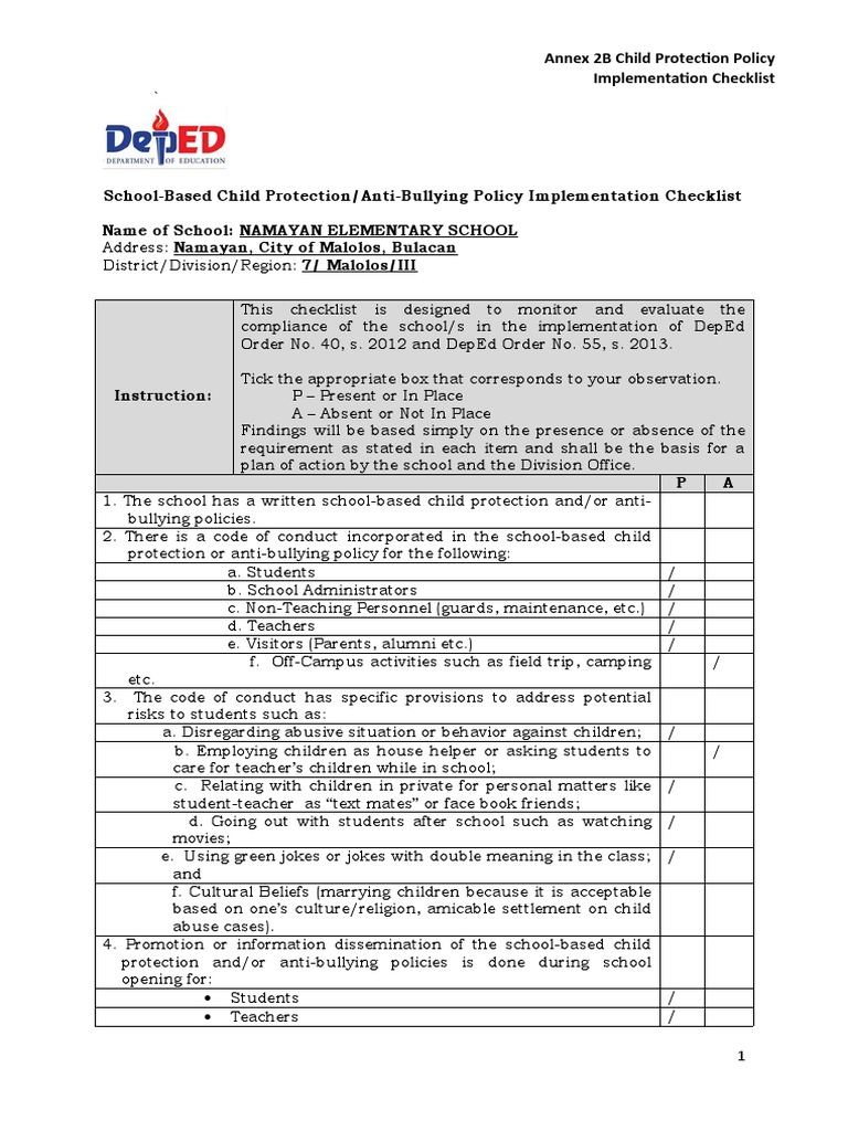 SIP Annex 2B - Child Protection Policy Implementation Checklist | PDF ...