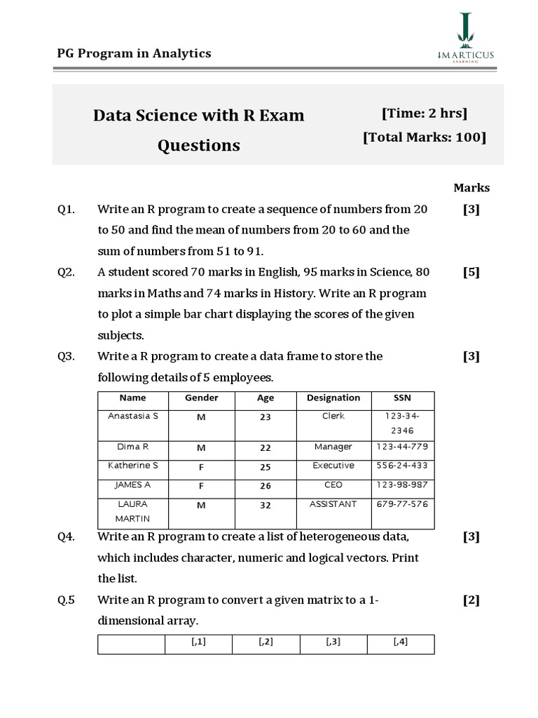 Data Science With R Exam Questions: PG Program in Analytics | PDF ...
