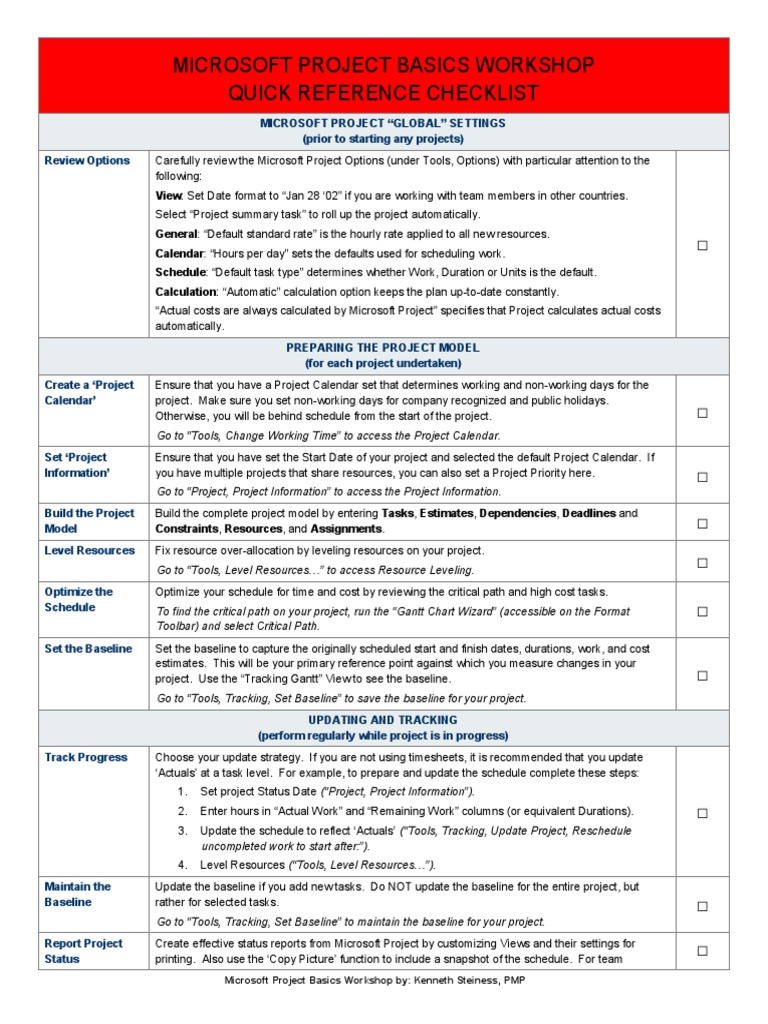 Microsoft Project Basics Checklist | PDF | Business | Software Engineering