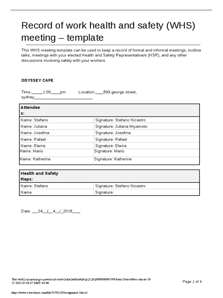Record of Work Health and Safety (WHS) Meeting - Template: Attendee S ...