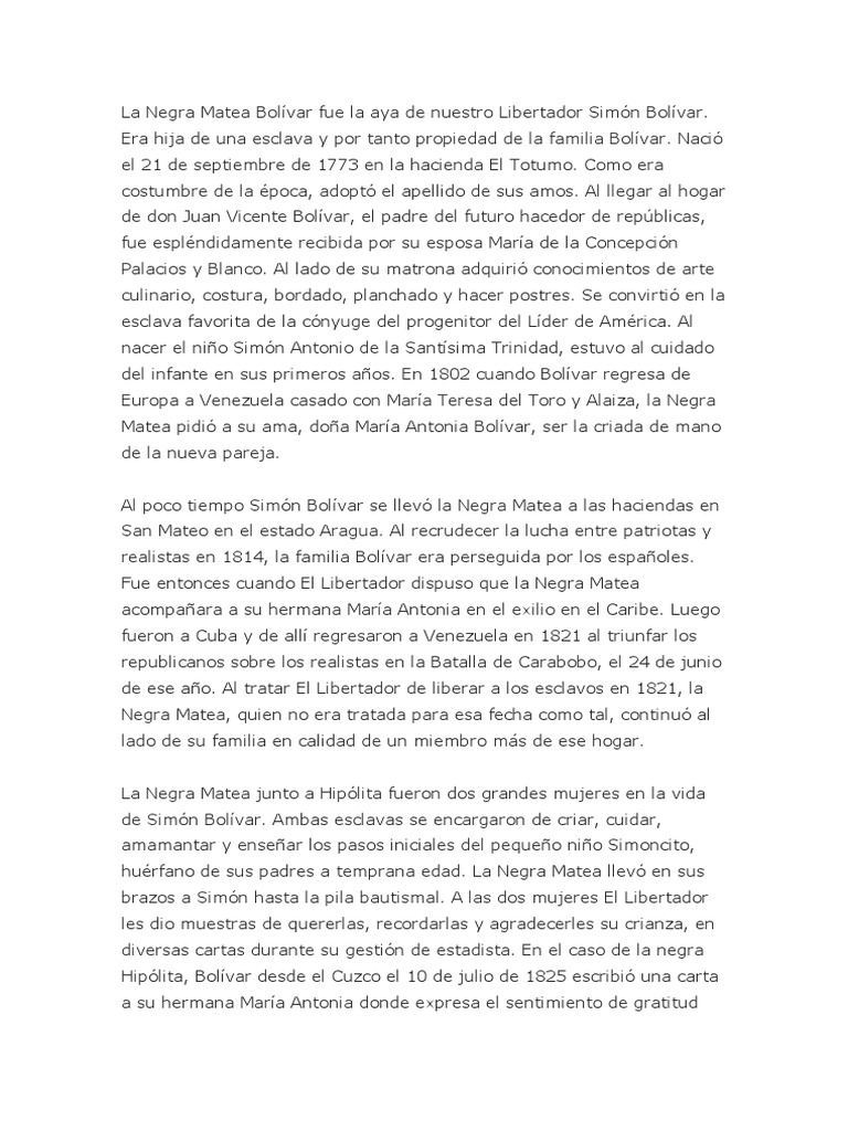 La Negra Matea Bolívar Fue La Aya de Nuestro Libertador Simón Bolívar | PDF