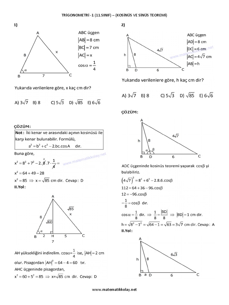 5 Kosinüs Ve Sinüs Teoremi Çözümlü Test | PDF