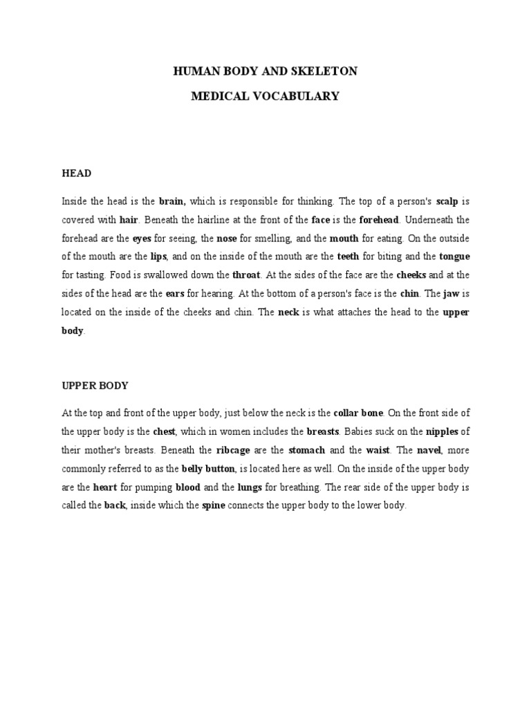 Human Body and Skeleton Medical Vocabulary | PDF | Arm | Human Body