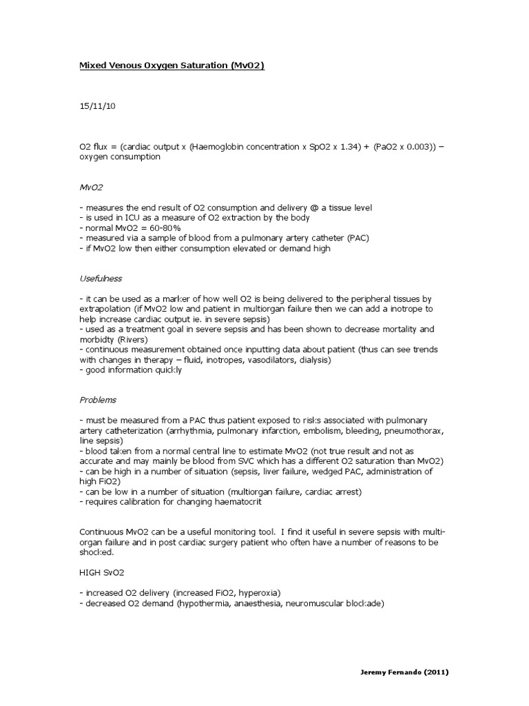 Mixed Venous Oxygen Saturation | PDF | Sepsis | Hypoxia (Medical)