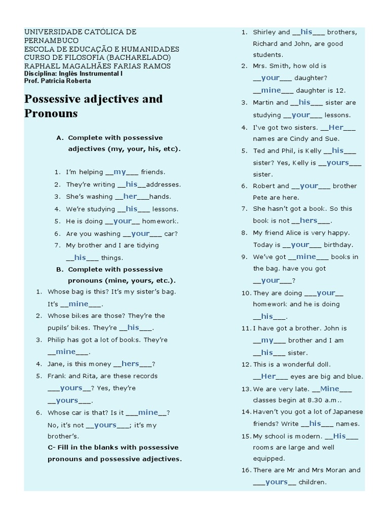 Aula 10 - Possessive-Adjectives-And-Pronouns | PDF | Semantics | Syntax