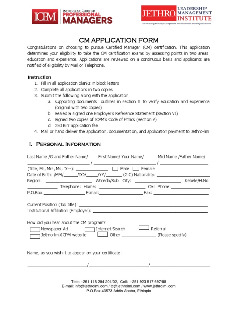 CM Application Form: I. Personal Information | PDF | Employment | Business