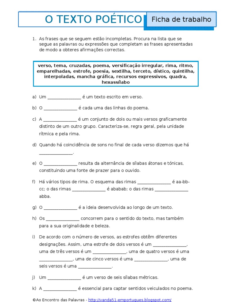 texto poético ficha de trabalho