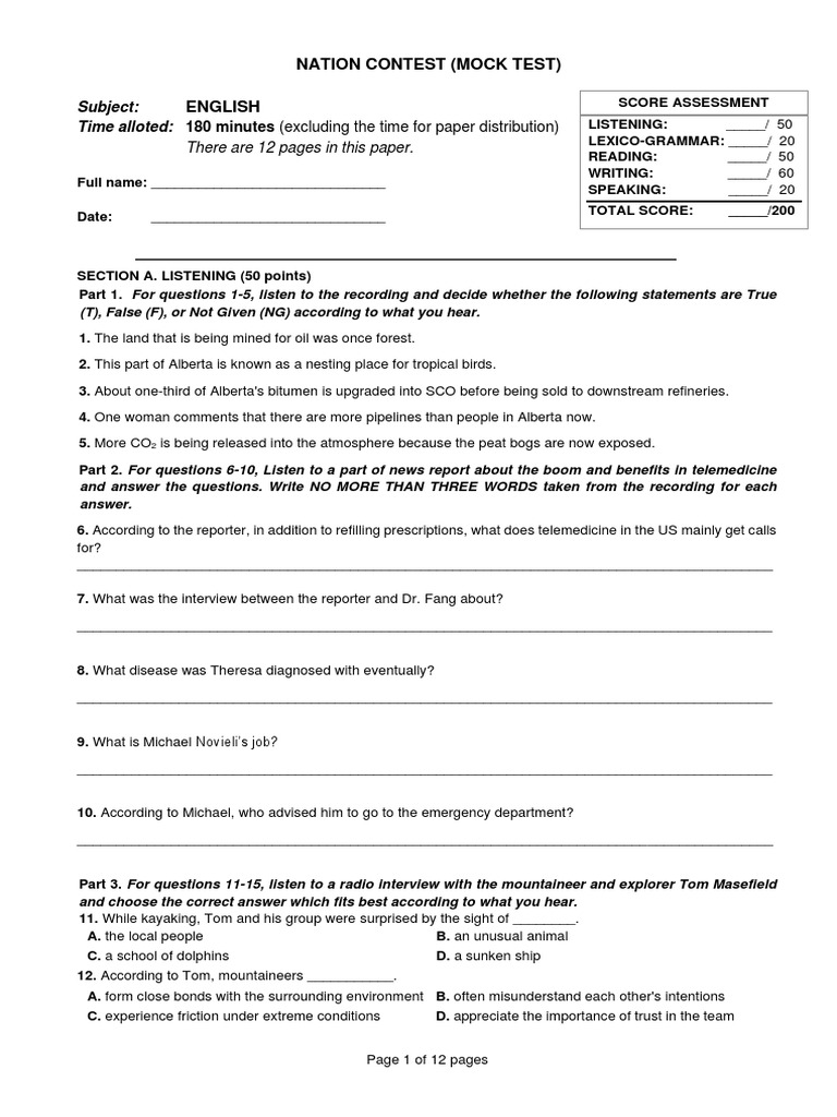 Nation Contest (Mock Test) English: There Are 12 Pages in This Paper ...