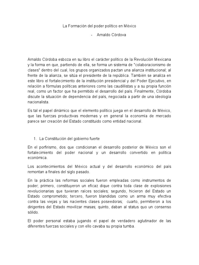 Resumen La Formación Del Poder Político en México Arnaldo Cordova | PDF ...