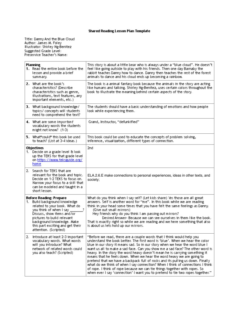 Shared Reading Lesson Plan Template | PDF | Books | Lesson Plan
