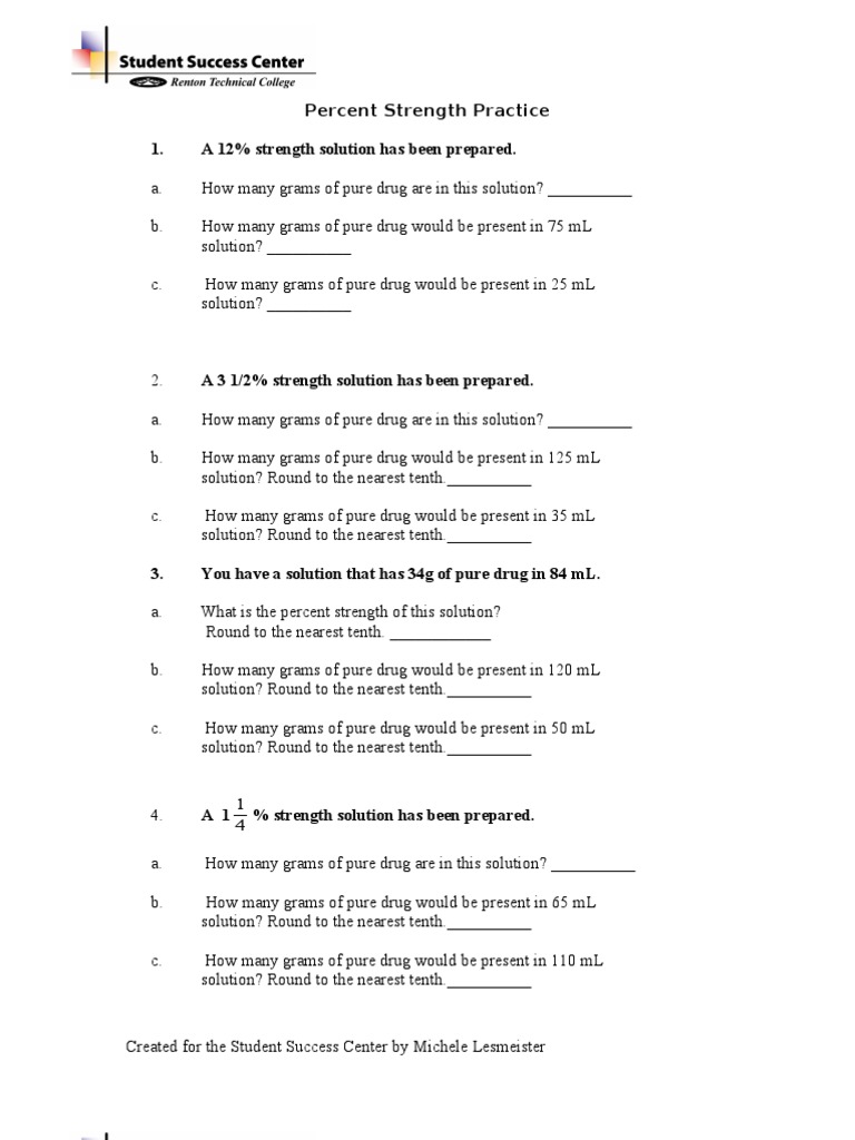 Percent Strength Calculation Exercises | PDF | Pharmacology | Chemistry