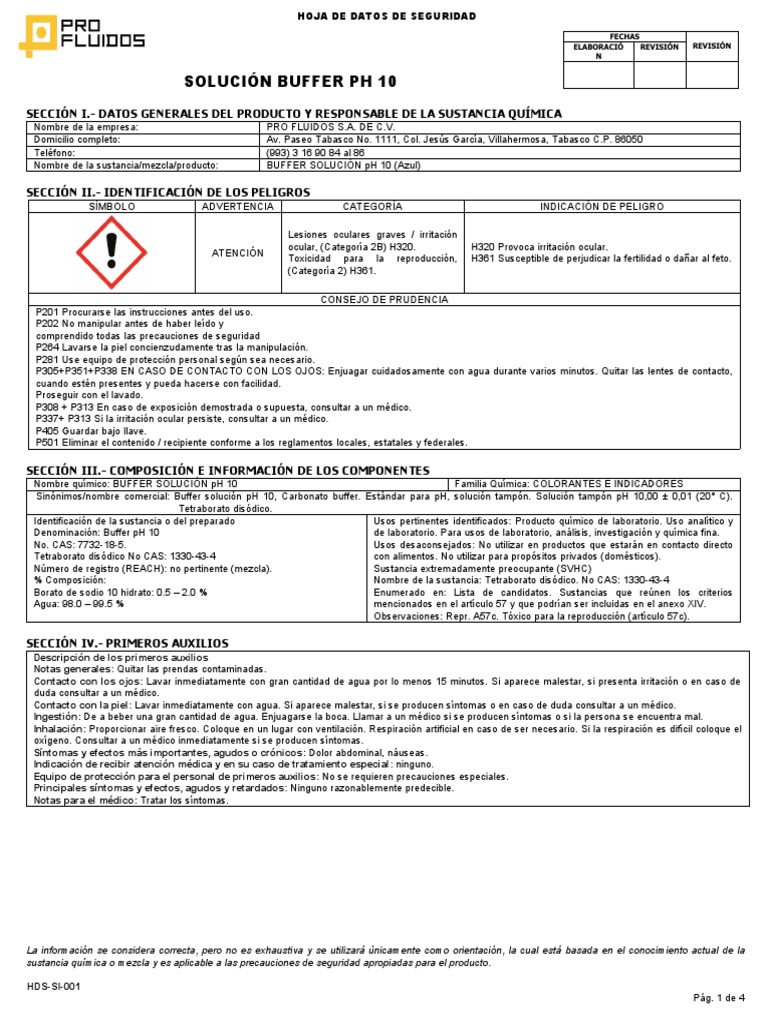 Hds Solucion Buffer PH 10 | PDF | Residuos | Hidrógeno