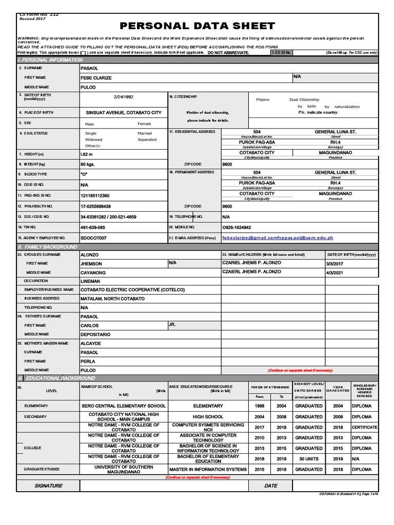 FEBE CLARIZE PASAOL - PDS Form (Revised 2017) | Download Free PDF | Crimes | Crime & Violence