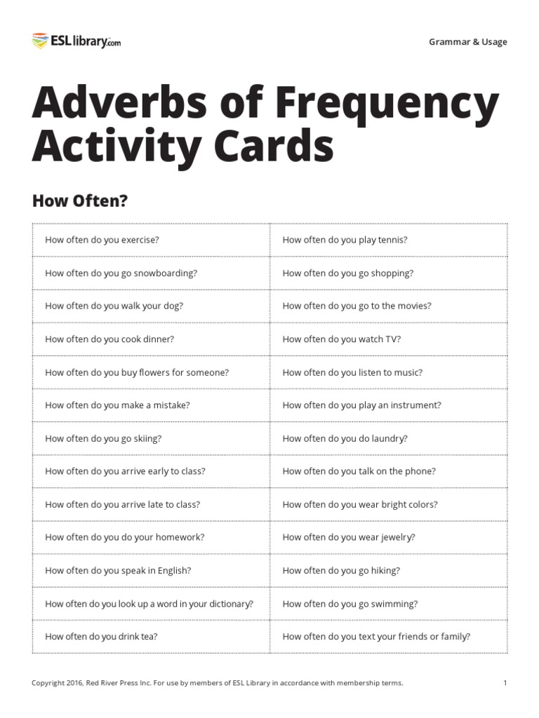 Adverbs of Frequency Activity Cards: How Often? | PDF