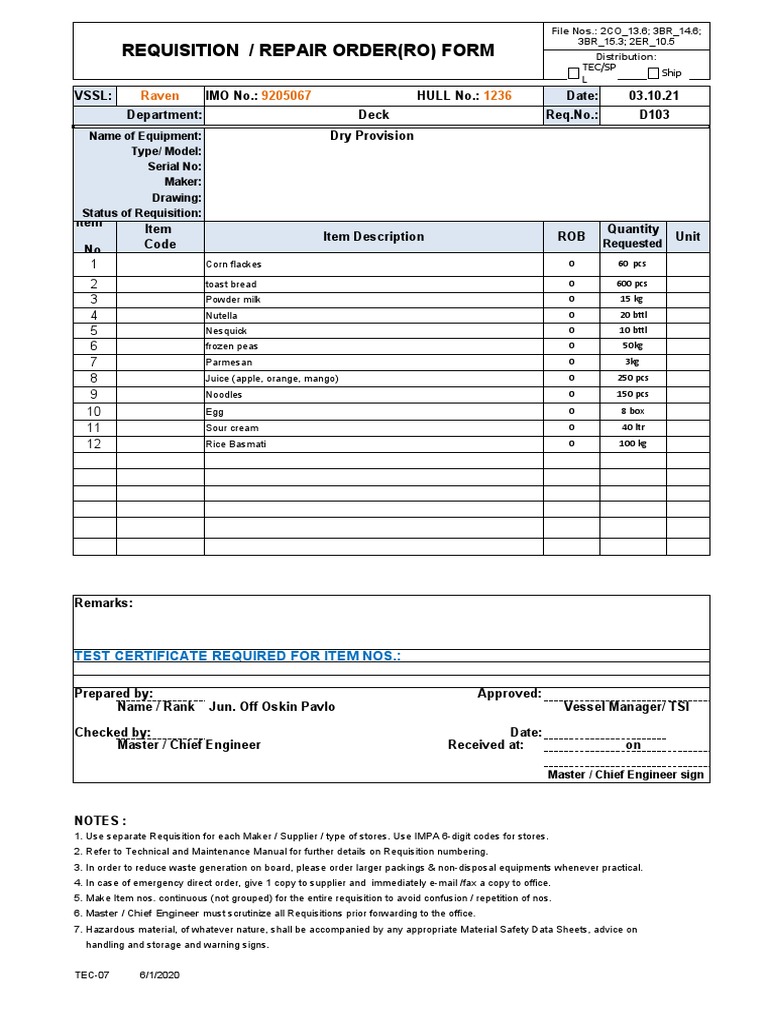 Dry Provision Requisition Form | PDF