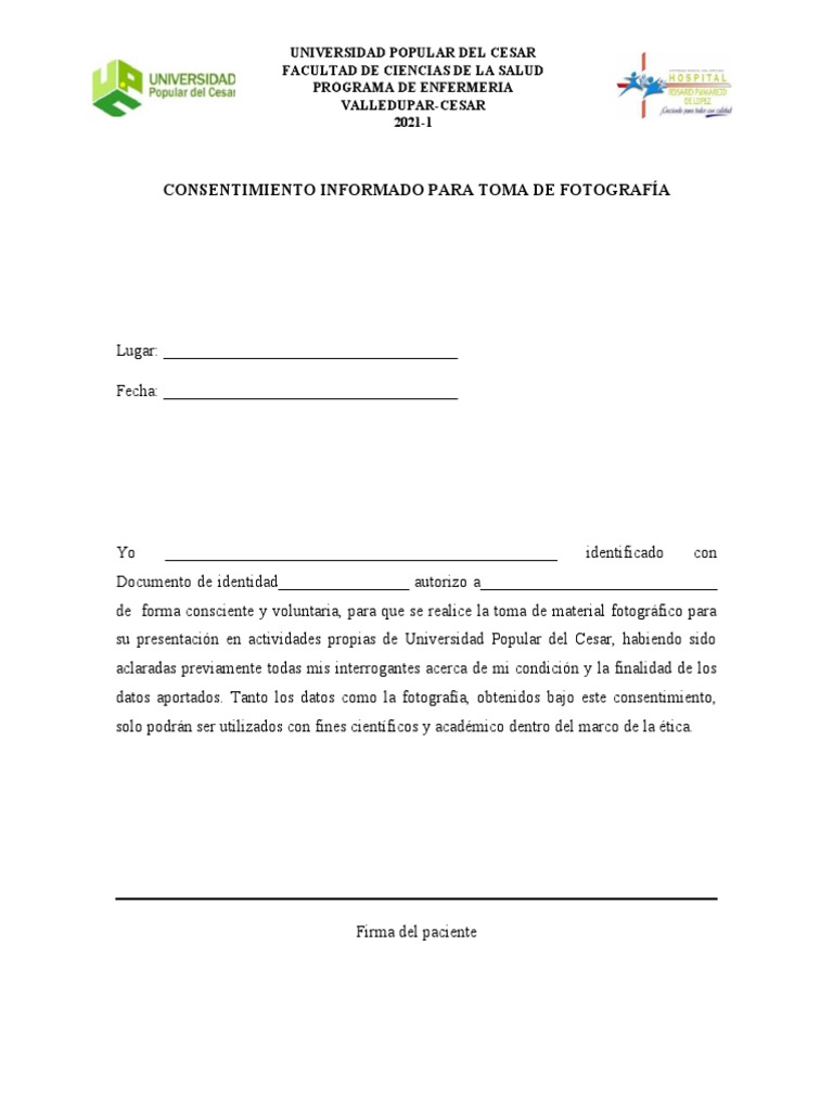 Consentimiento Informado para Toma de Fotografía | PDF