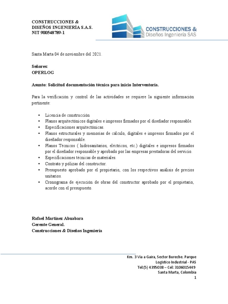 Oficio Interventoria Construcciones y Diseños V2 | PDF | Ingeniería | Economias
