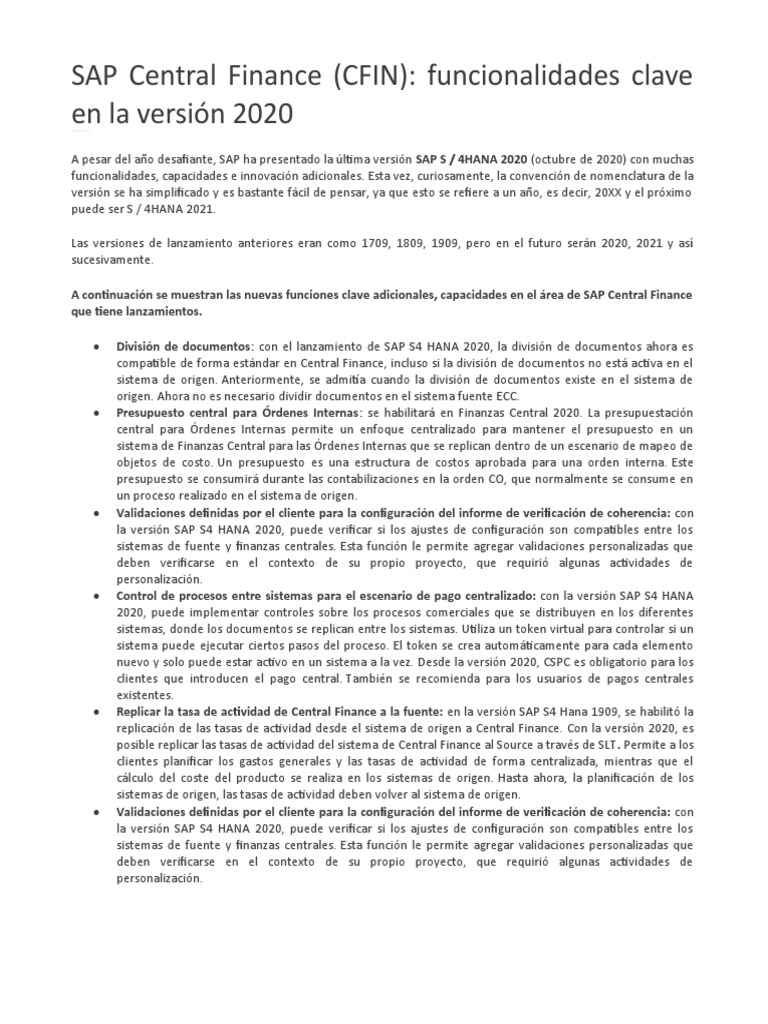 SAP Central Finance (CFIN) Funcionalidades Clave en La Versión 2020 ...