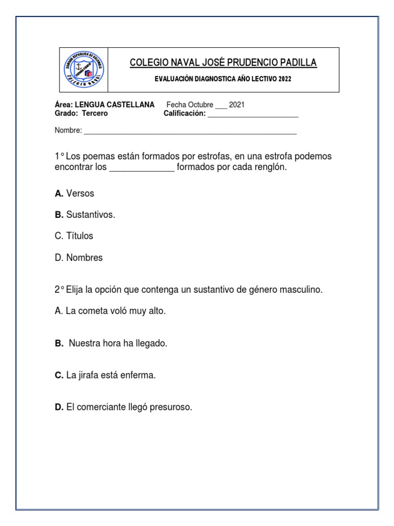 Evaluación Diagnóstica Lengua 3er Grado | PDF