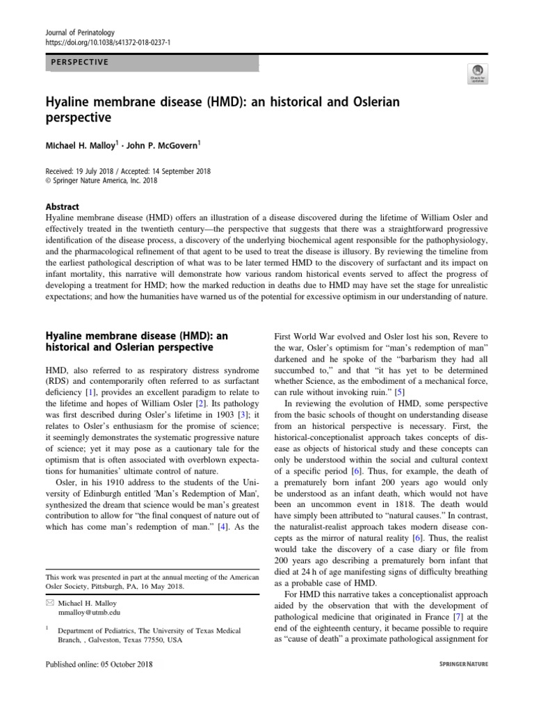 Hyaline Membrane Disease (HMD) - An Historical and Oslerian Perspective ...