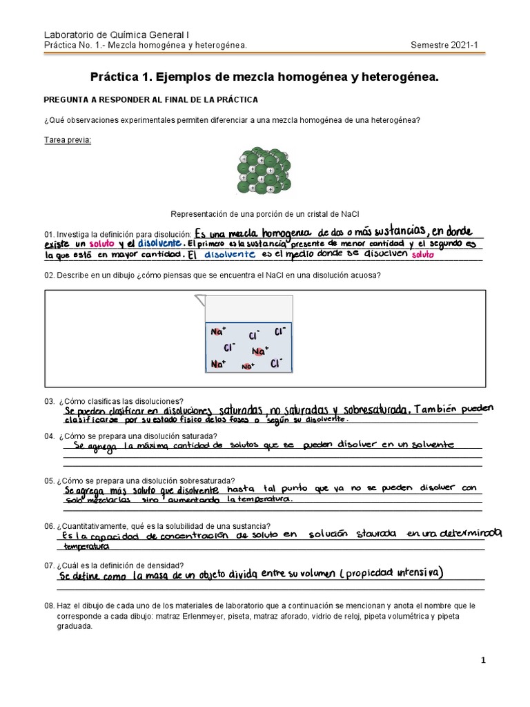 Práctica 1. Ejemplos de Mezcla Homogénea y Heterogénea | PDF | Solución ...