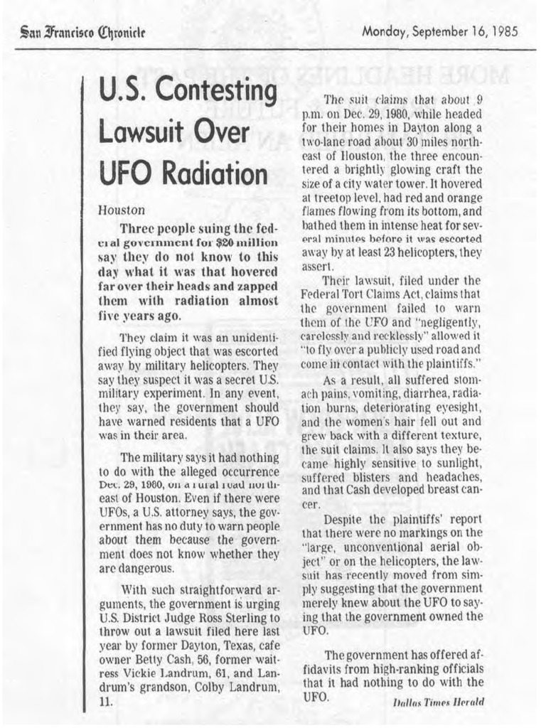 U.S. Contesting Lawsuit Over UFO Radiation (San Francisco Chronicle ...