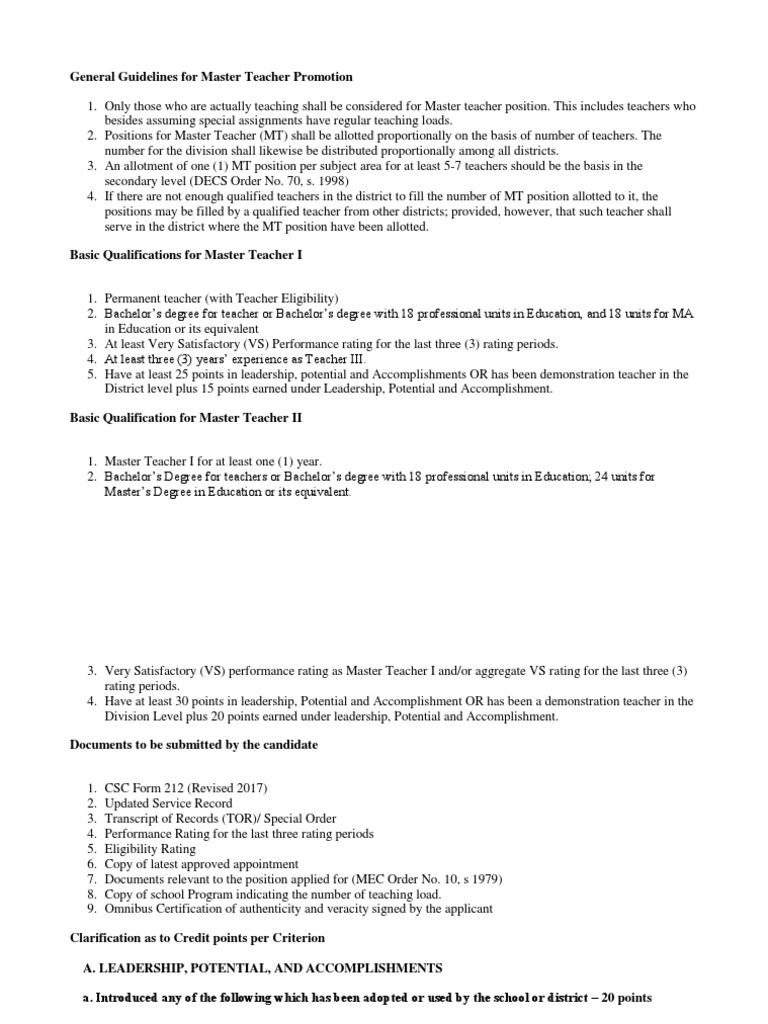 General Guidelines For Master Teacher Promotion | PDF | Academic Degree ...