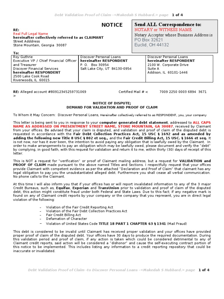 Notice of Dispute - Proof of Claim - Debt Validation Template 8-10-10 ...